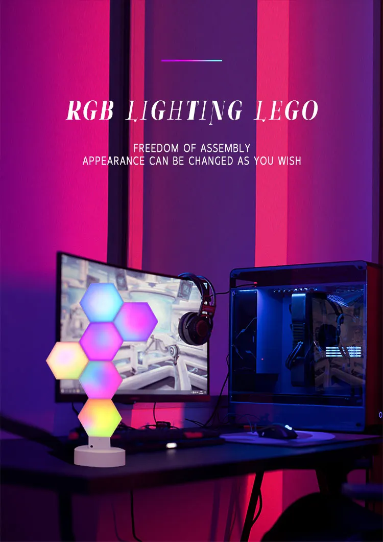 Smart RGB Light for Gaming PC Setup USB-Power Gaming Lights Sync Music Hexagon Wall Lights Desk ...