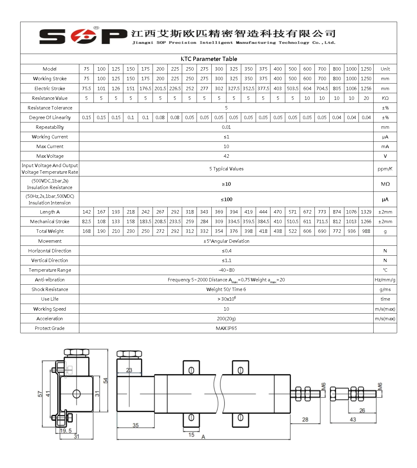 KTC 200mm Displacement Analog Measuring Linear Position Transducer Sensors