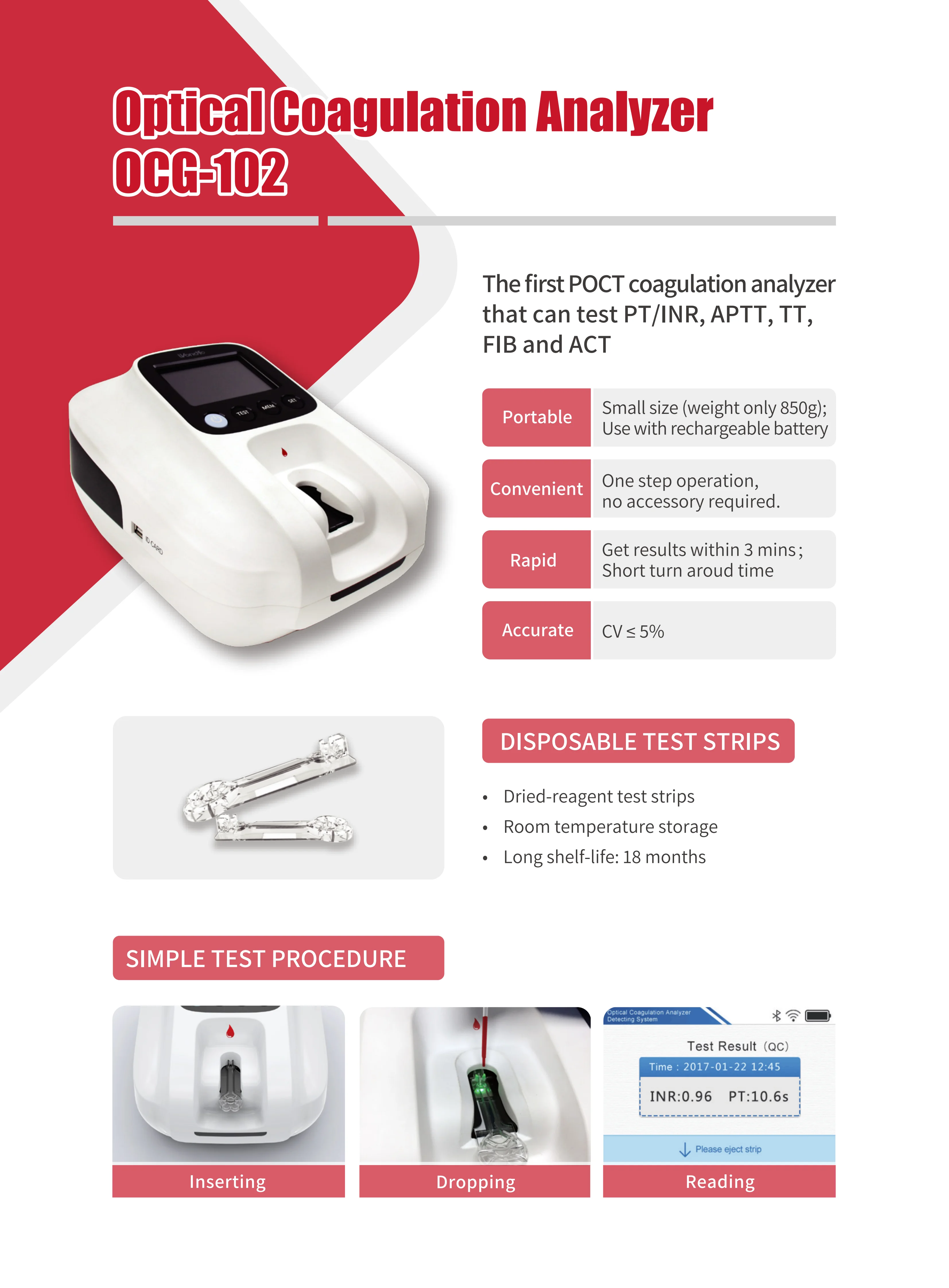 Wondfo OCG-102 Optical Coagulation Analyzer & PT INR Testing Machine ODM