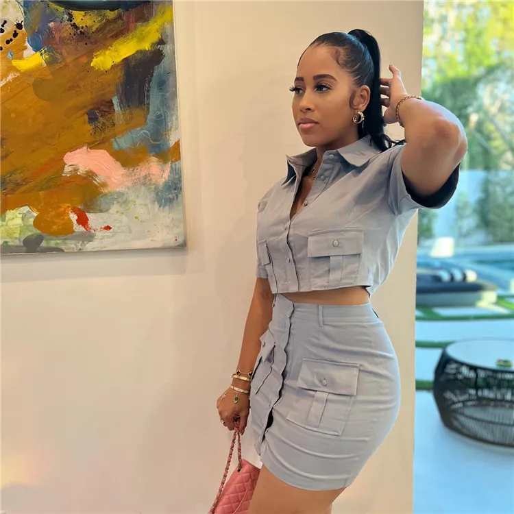 2 Piece Sets Women Outfit Short Sleeve Turn Down Collar Shirt Button ...