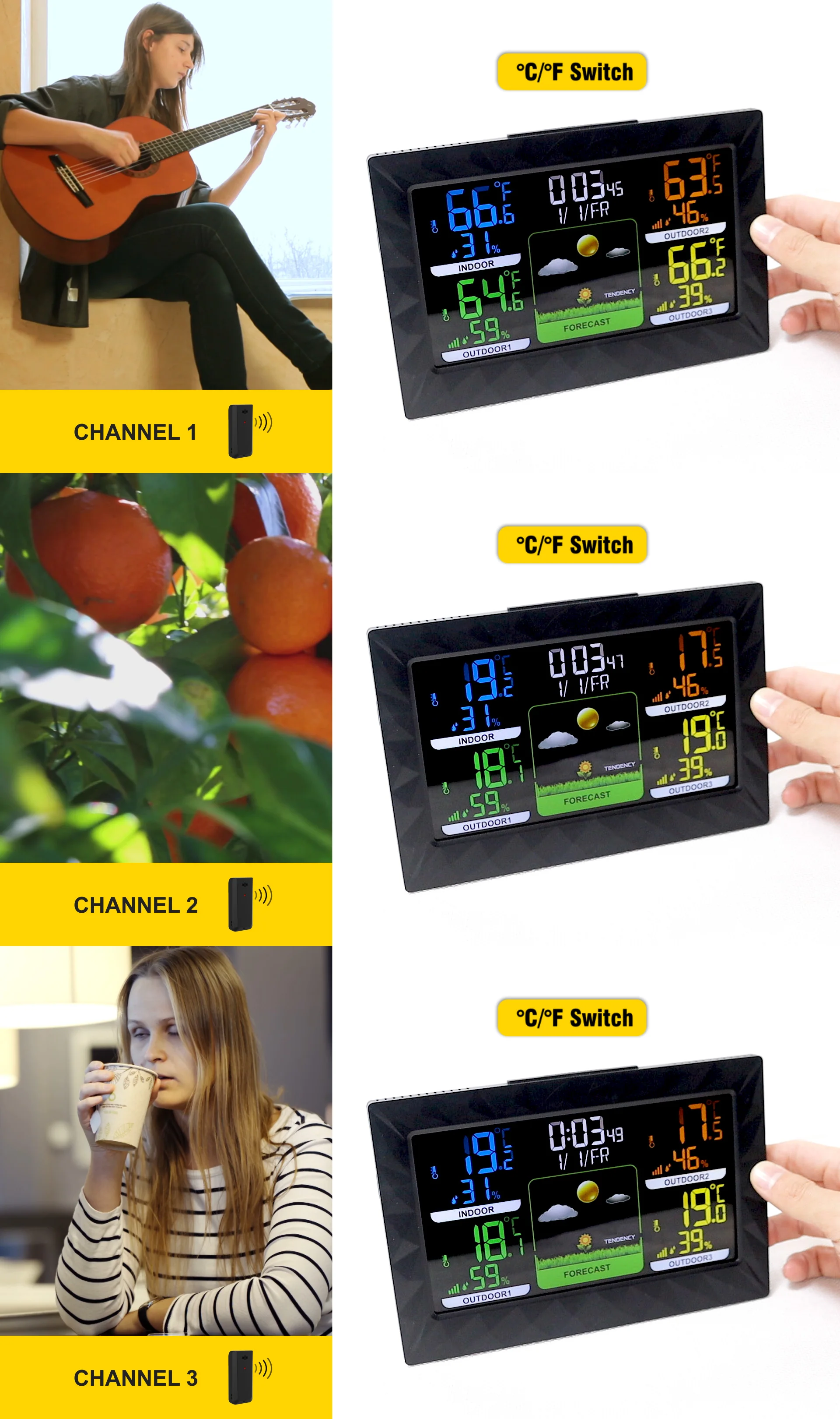 433MHZ Weather Station With Three Sensors and Radio Control Function ...