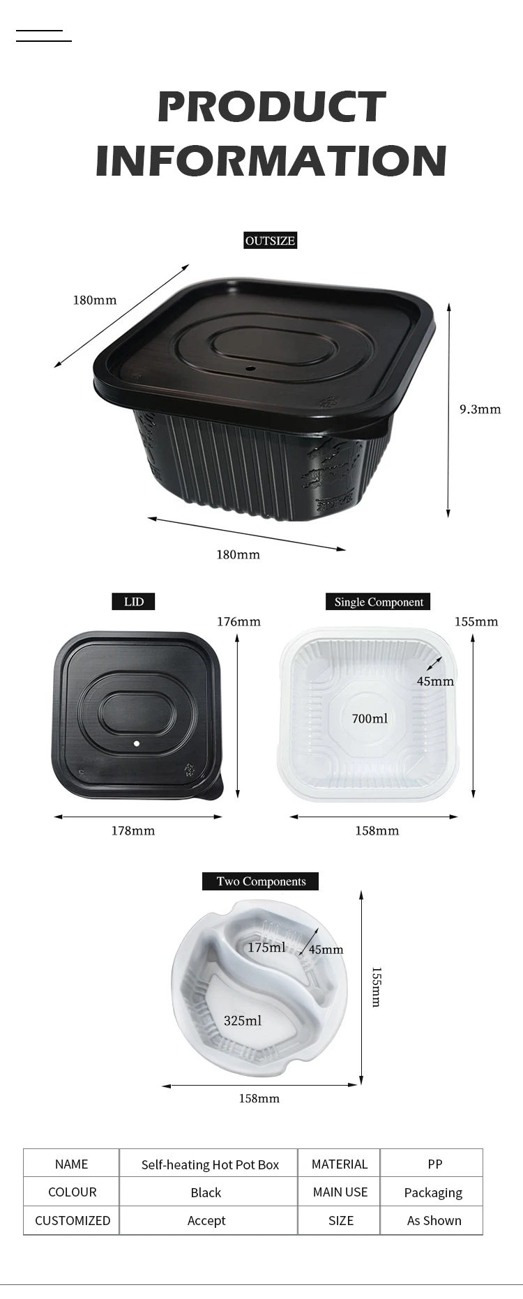 Free Sample Square Shape Hot Pot Packaging Disposable Black Food ...