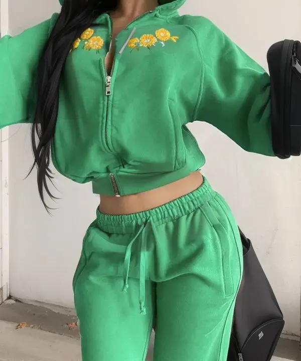 Hln Cropped Hoodie Set Print Logo Two Piece Matching Zip Up Zip Jogging ...