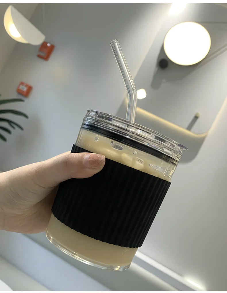 New Design 350ml Glass Water Mugs With Straw and Silicone Sleeve ...