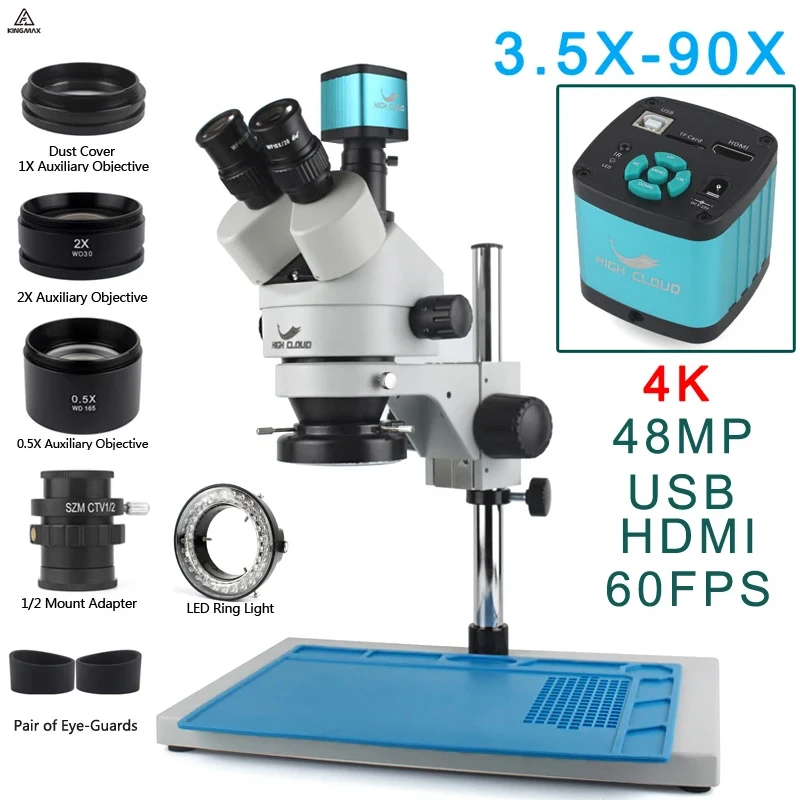 3.5x-90x Digital Microscope Camera 48mp 4k Usb Vga 60fps Trinocular Stereo Microscope Eyepiece ...