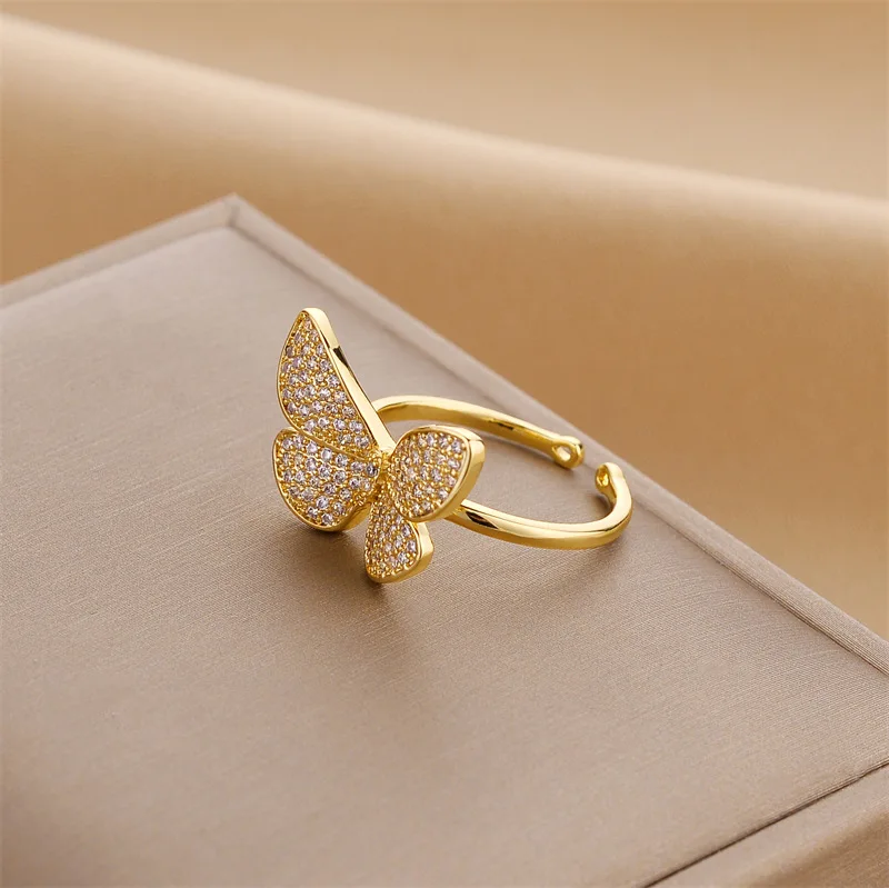 Luxury Adjustable 18k Gold Pearl Zircon Heart Butterfly Ring