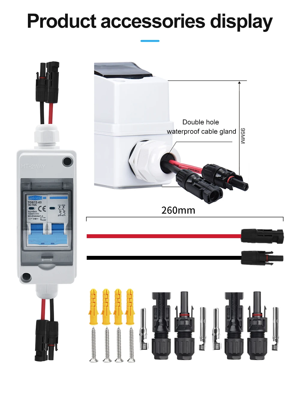 TOMZN Solar photovoltaic PV Combiner Box with circuit breaker IP65 HT 2ways 1 input 1 out DC ...