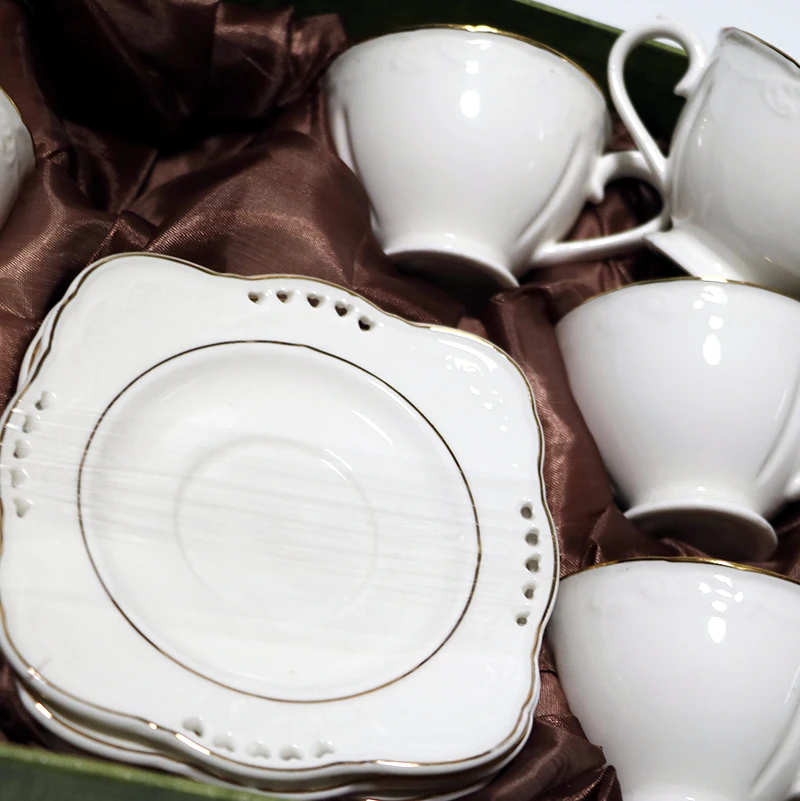 Luxury White Ceramic Coffee Tea Cup Sets with Golden Rim