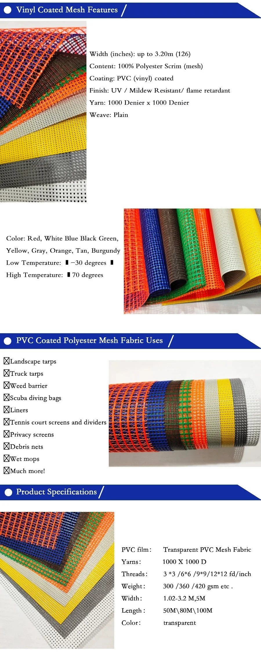 Heavy Duty PVC Vinyl Coated Green Color Polyester Mesh Fabric