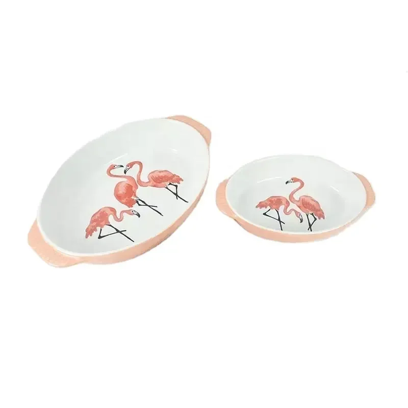 Set of 3 Flamingo Porcelain Oval Casserole Dish with Cover Ceramic Baking Pan Tray with Handles ...