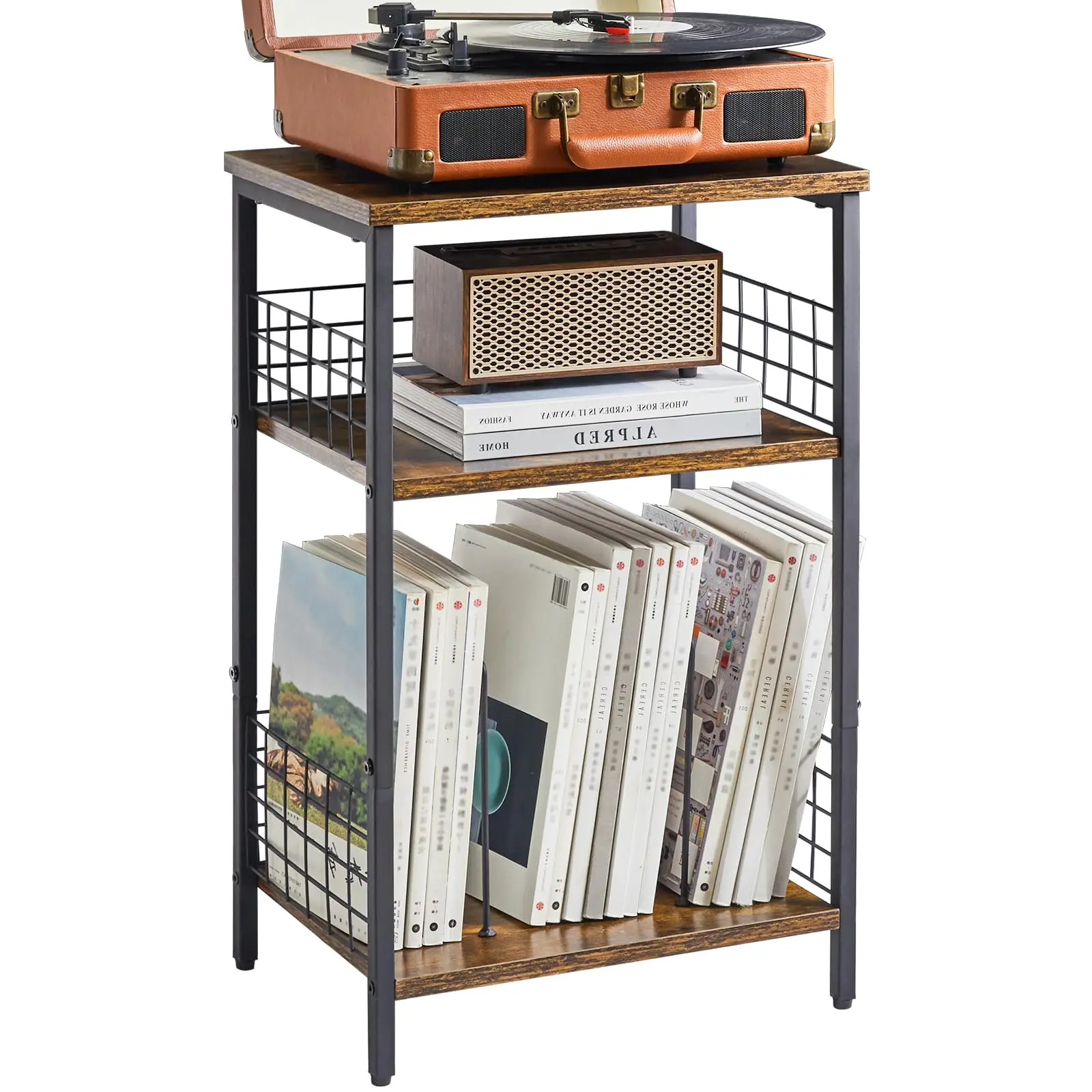 3 Tier End Table Small Side Table Record Player Stand Up to 100 Albums ...