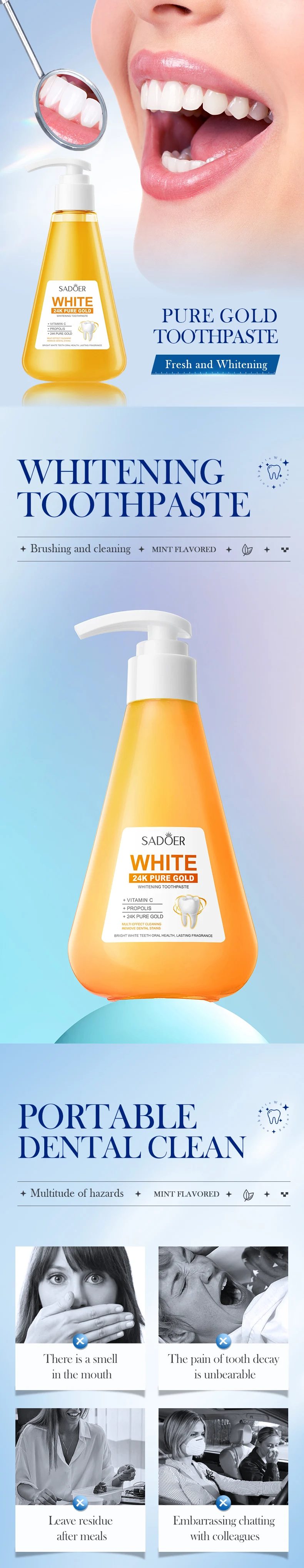 Sadoer 24k Gold Nicotinamide Toothpaste Probiotic Whitening Freshens ...
