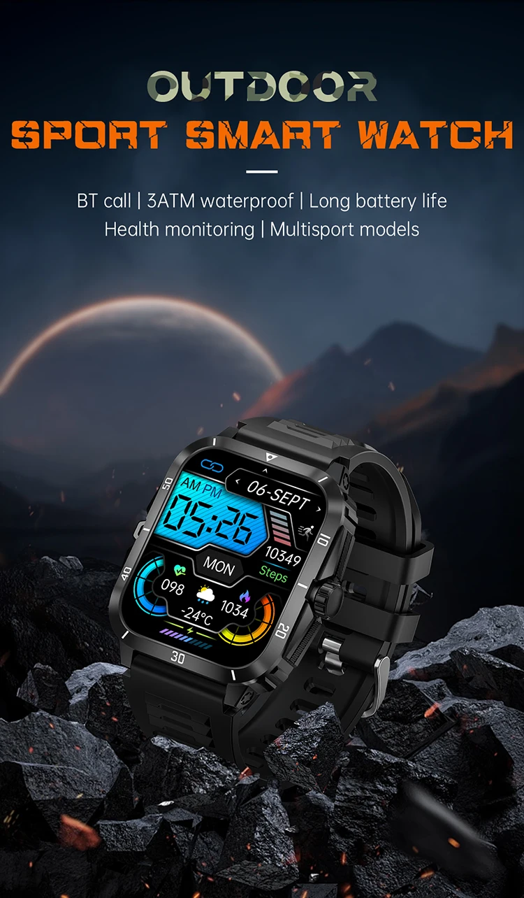 2025 New KT71 Rugged Smart Watch - 3ATM Waterproof & Fit Men
