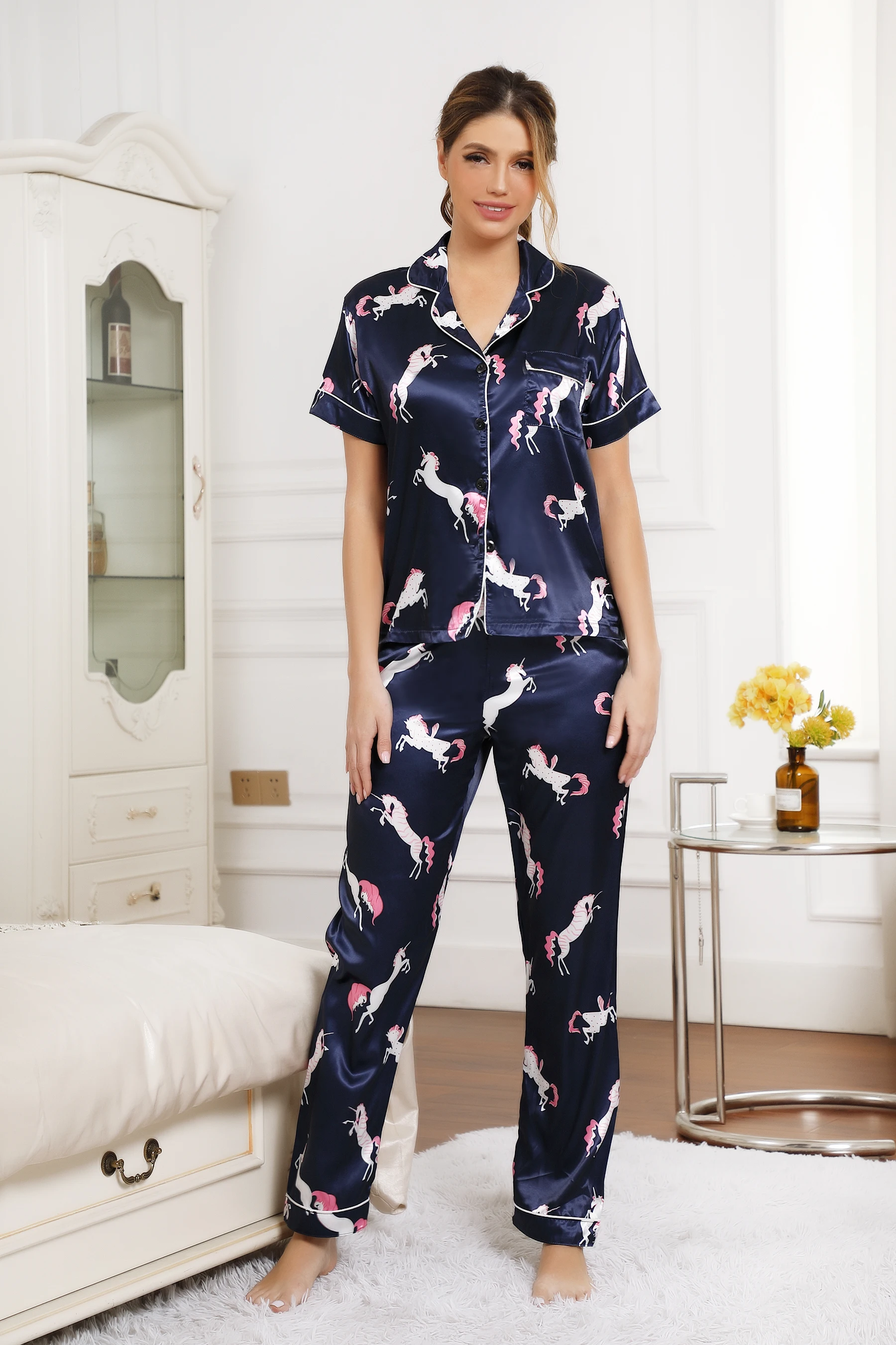 Designer Custom Ladies Woman Female 2 Piece Sets Pajama Luxury Satin Pj ...