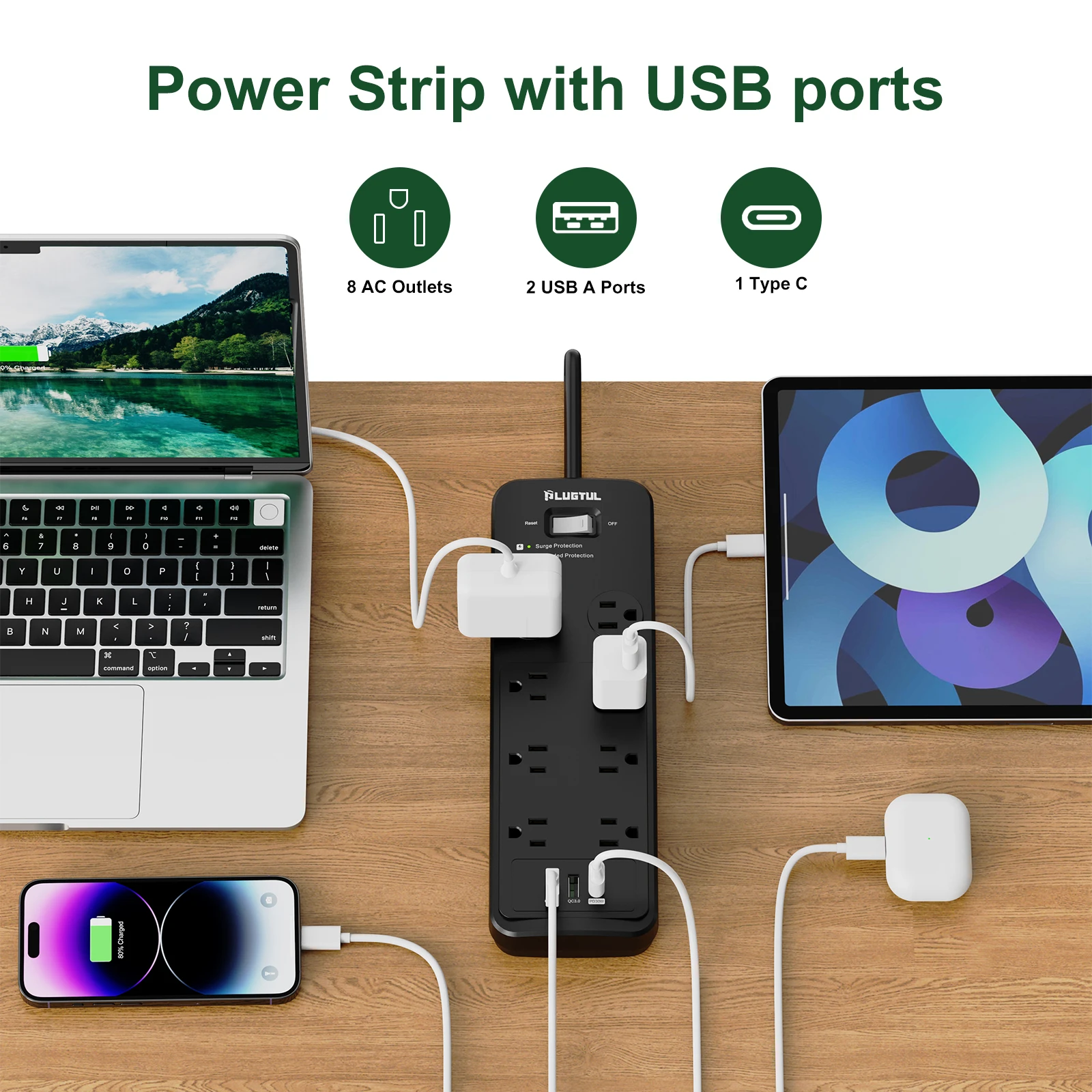 Us Multi Plug Desktop Surge Protector 8 Outlets Power Strip Desk Mount ...