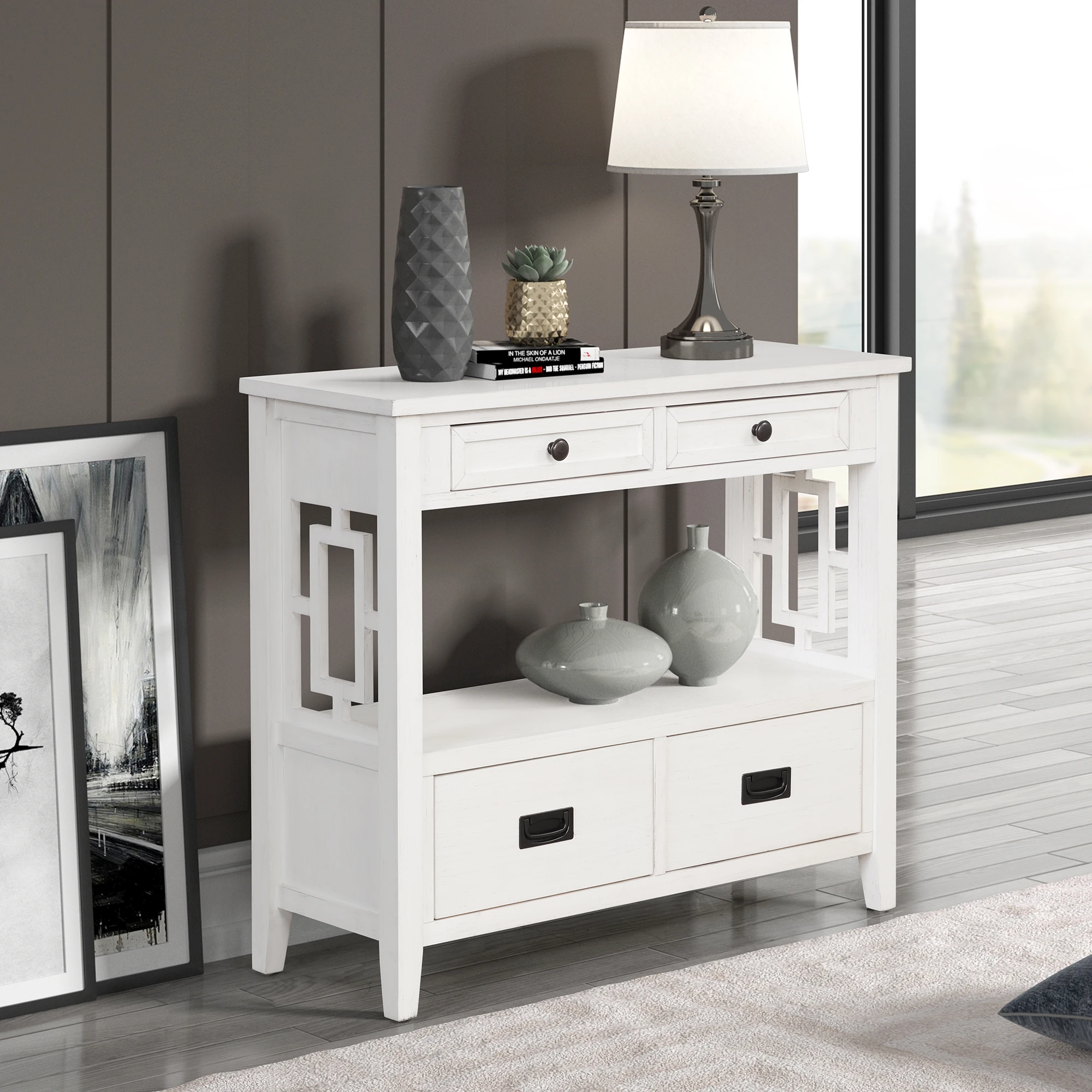 Vietnam White Wooden Console Table With 4 Drawers For Living Room ...