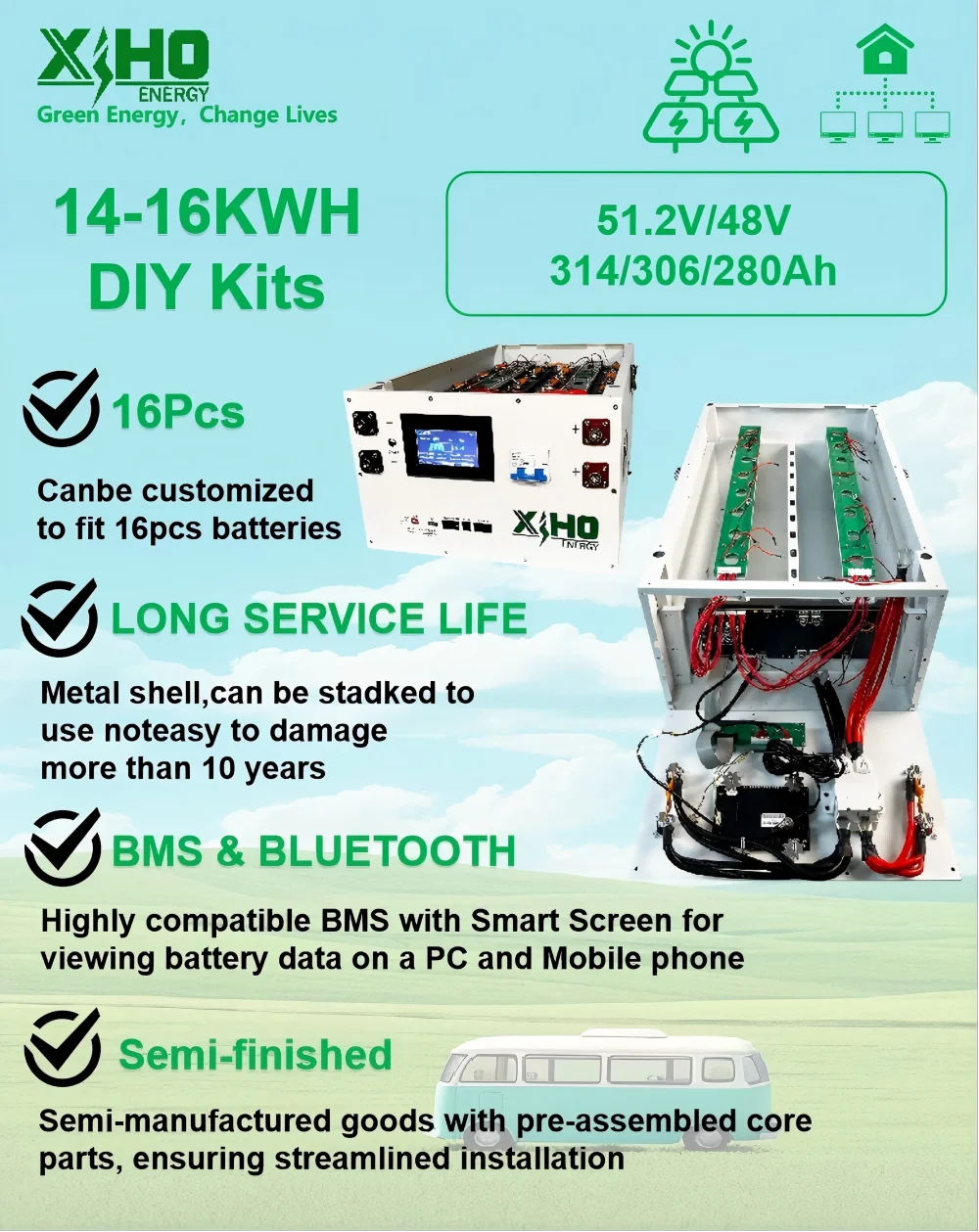 Xiho Energy 15kwh Lifepo4 Battery Case DIY 16S 48V Kit