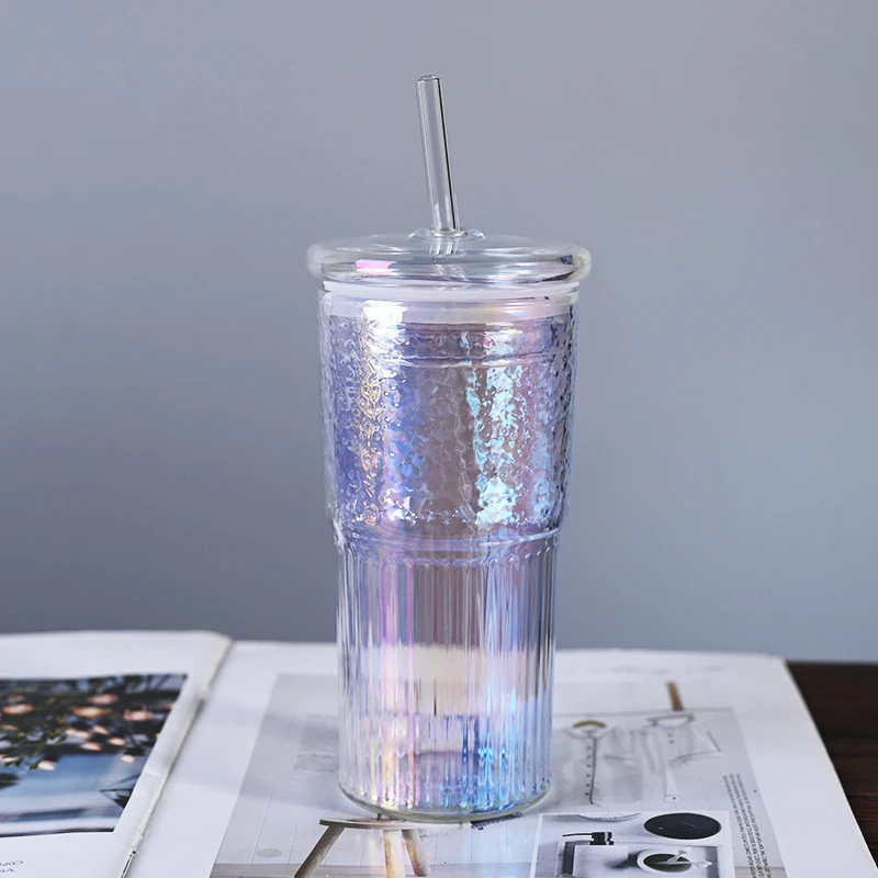 Big Capacity Pink Glass Cup - Iridescent Milk Tea Tumbler