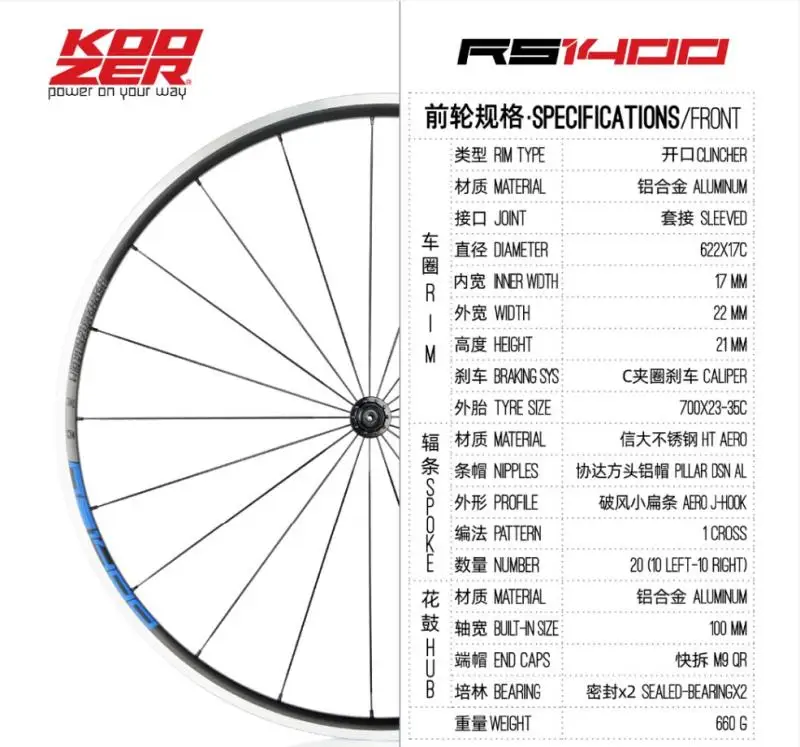 KOOZER RS1400 Road Bike Wheelset - Durable & High Performance