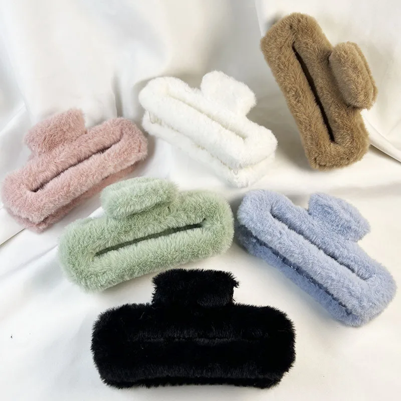 13cm Oversize Faux Fur Hollow Rectangle Hair Claws Clips Velvet ...