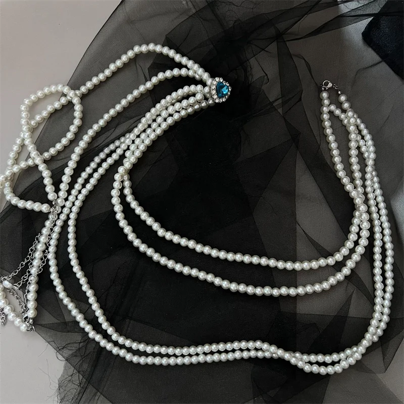 Fashion Jewelry Design Sense Retro Blue Rhinestones Pearl Neck Chain ...