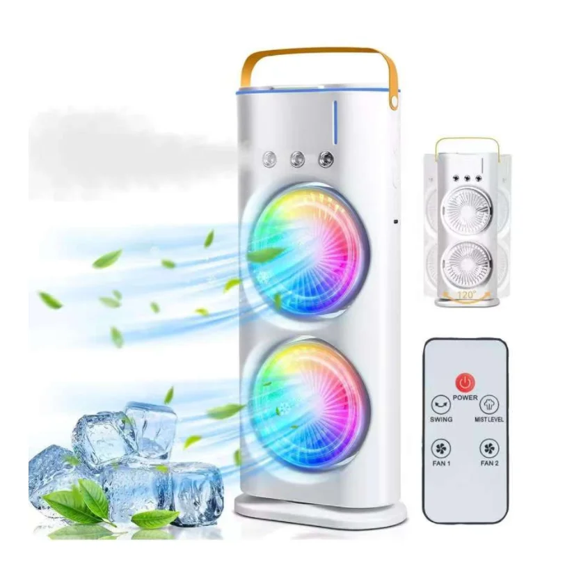 Dual-head Rechargeable Misting Fan With 3 Speeds For Home & Outdoor