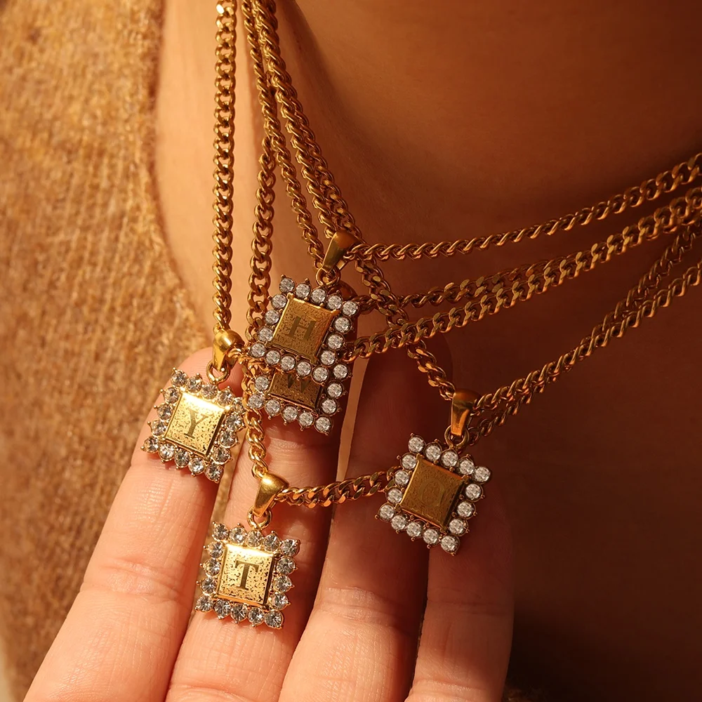 New Trendy Bling CZ Crystal 26 Alphabet Pendant Necklace Wholesale 18k PVD Gold Stainless Steel ...