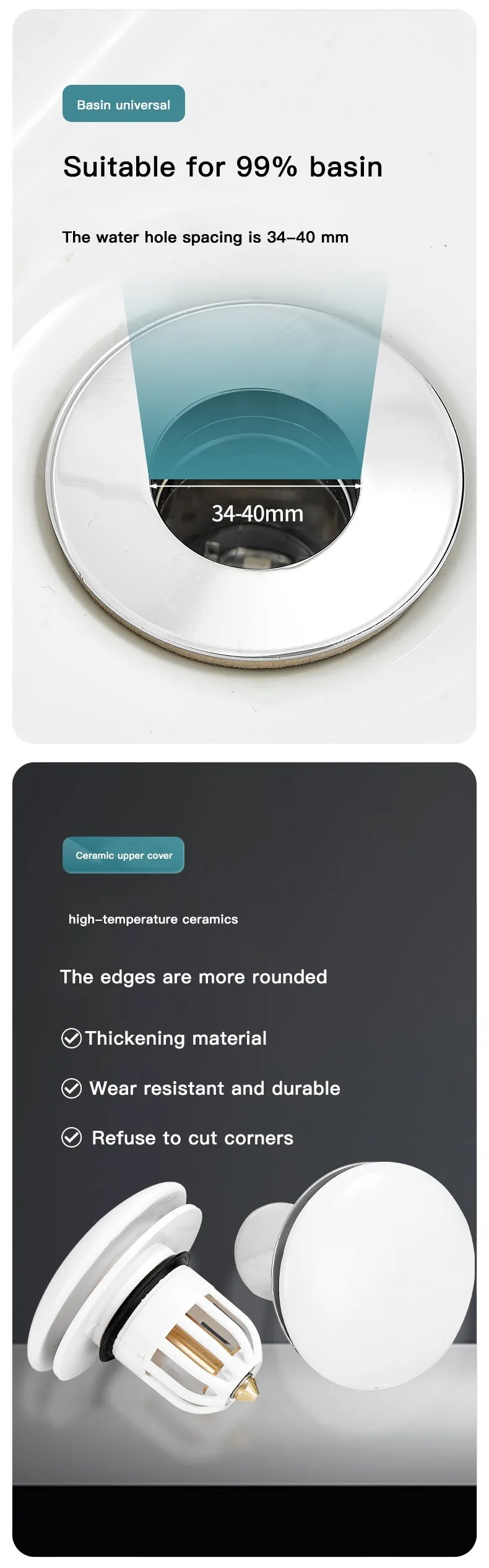 White Bathroom Sink Stopper Pop Up Drain Stopper With Bullet Core Push ...