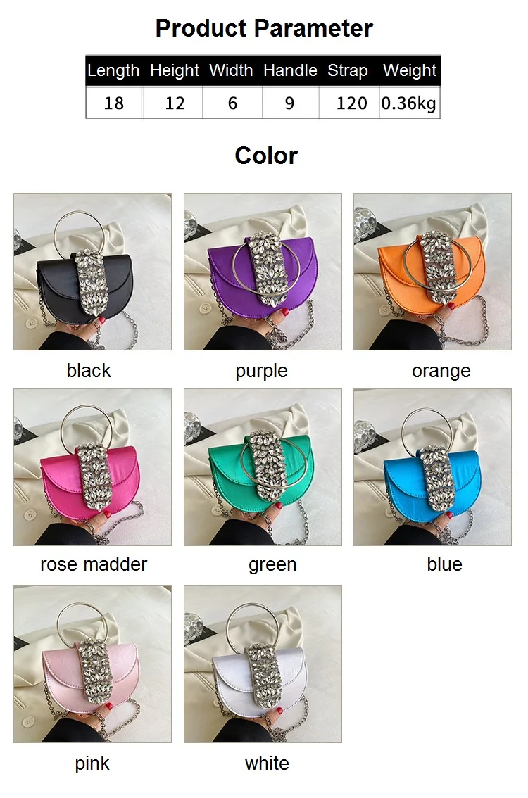 Premium Satin Texture Semi-circle Diamond Shoulder Bags Elegant Metal ...