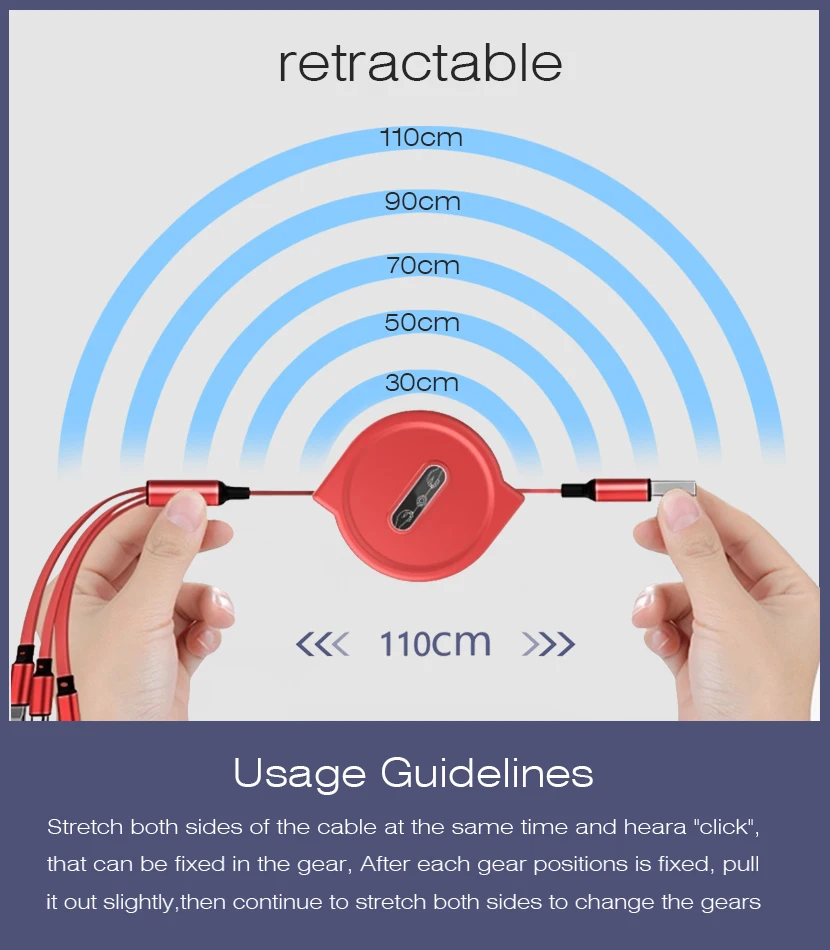 Multi Function Retractable Usb Charger Cord With Micro Usb Type C 110cm ...