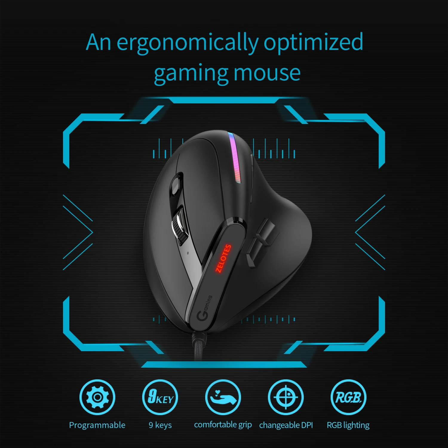 Ergonomic Wired Rgb Optical Gaming Mouse - 12800dpi, Programmable
