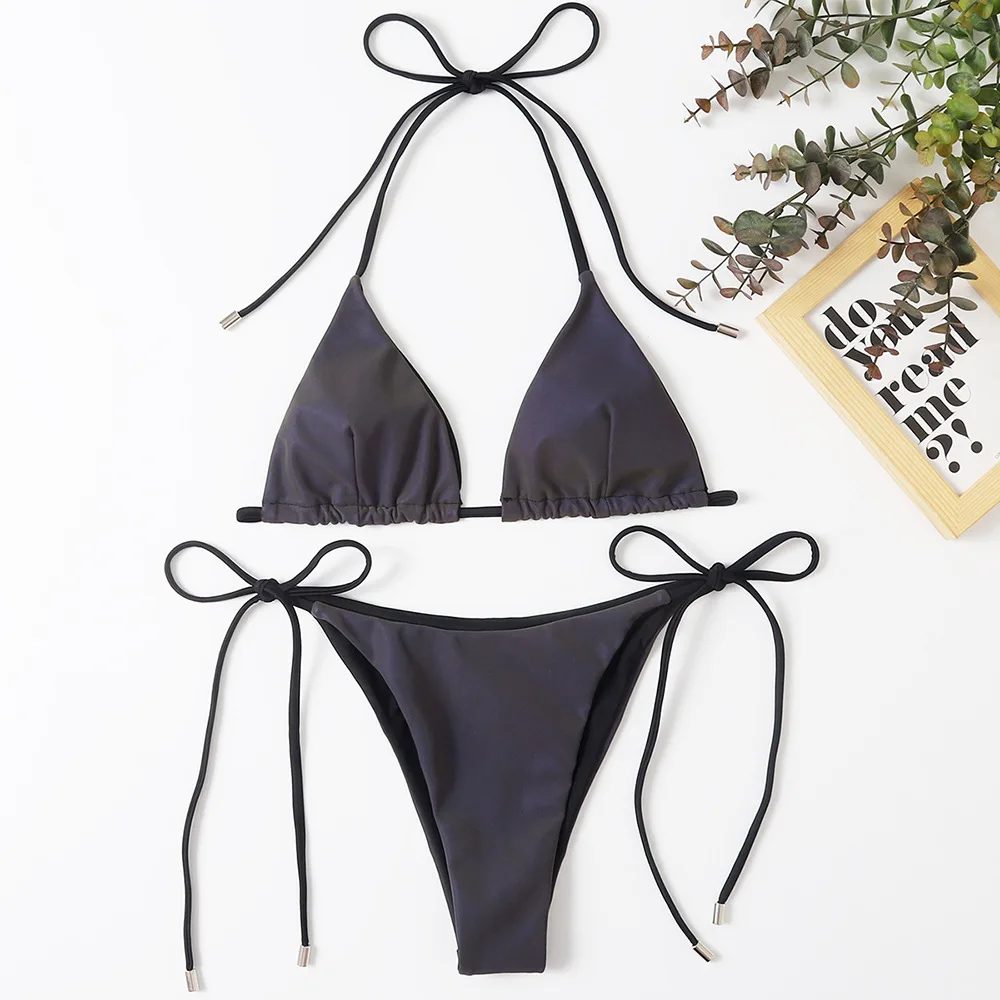 2022 New Women's Metallic Halter Top Two Piece Swimsuit Tie Side ...