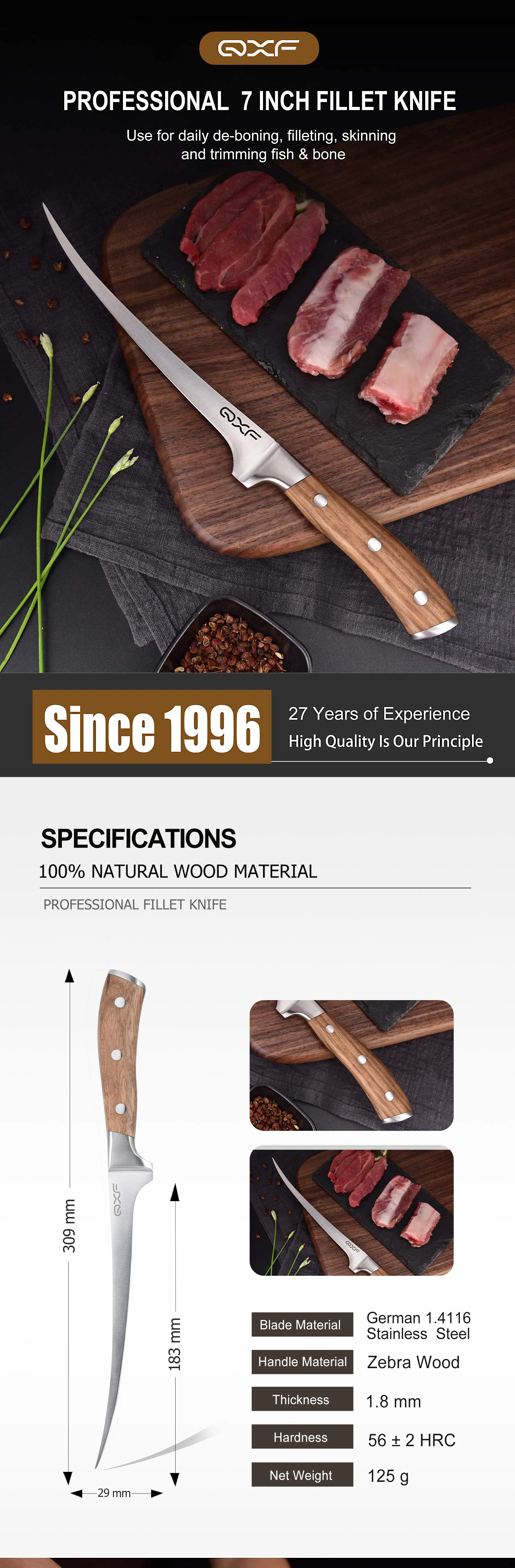 Flexible 7-Inch German Steel Filleting Knife & Zebra Wood Handle ...