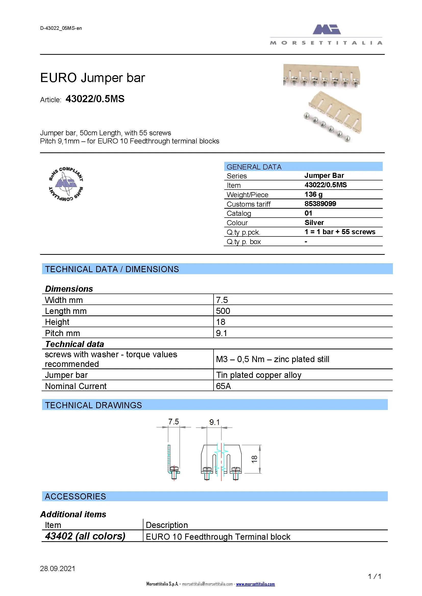 Made In Italy Euro 10 Connector Terminal Block Screw-jumper Pitch 7,1mm ...