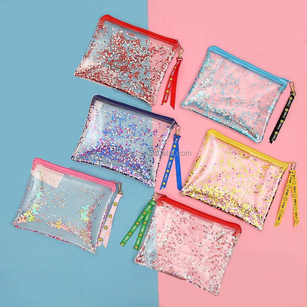 Glitter Filled PVC Zipper Pouch Bag - Clear Soft Vinyl