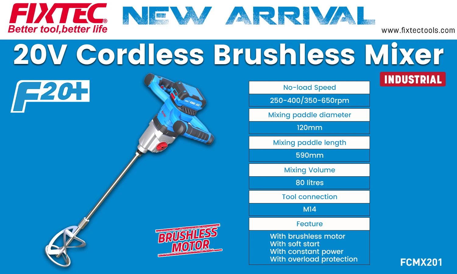 Fixtec 20v Brushless Cement Mixer Variable Speed Electric Concrete Mixer Handheld Mud Mixer With ...