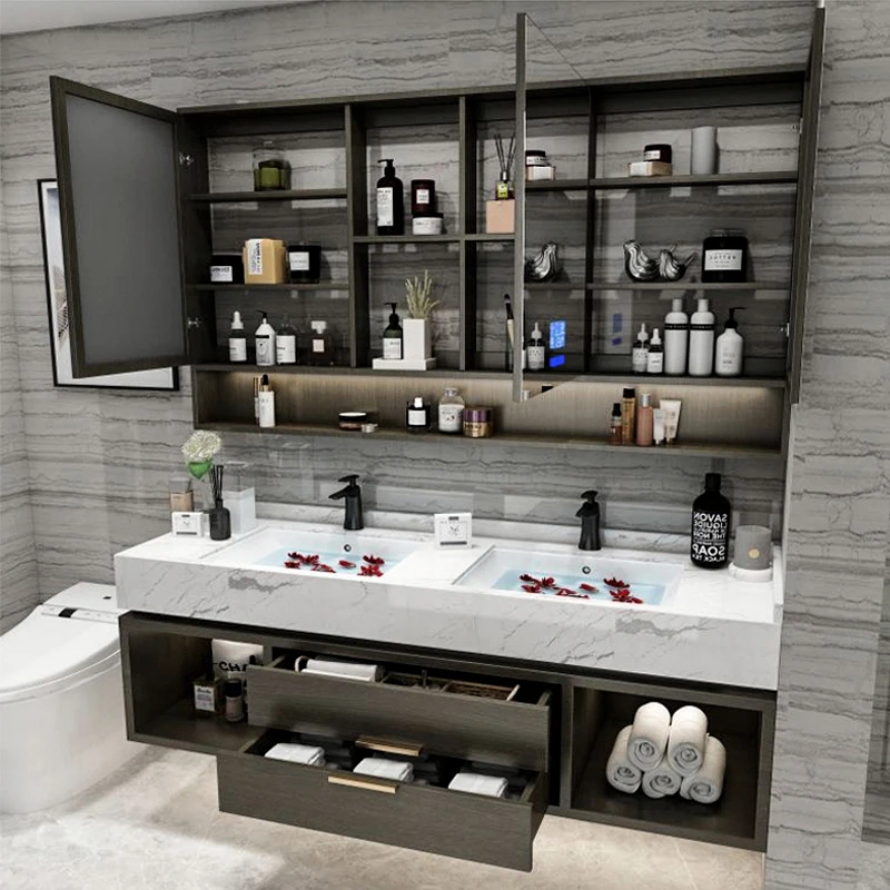 Modern Hotel Bathroom Cabinet Vanity Sets with White Marble Top