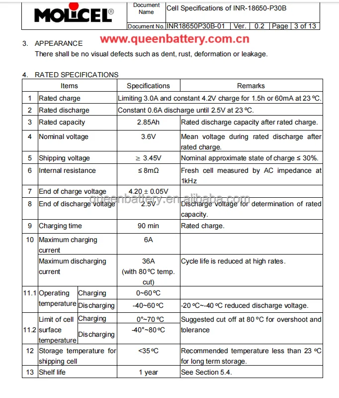 QB MOLI Molicel 18650 P30B INR18650-P30B 3000mAh 36A 3.6V -40C Low Temp ...