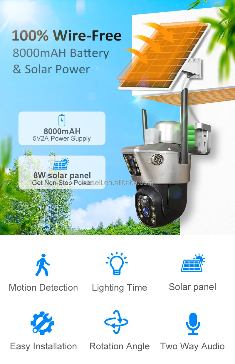 V380 Pro PTZ Solar Powered Wireless Camera - Outdoor IP66, Night Vision ...