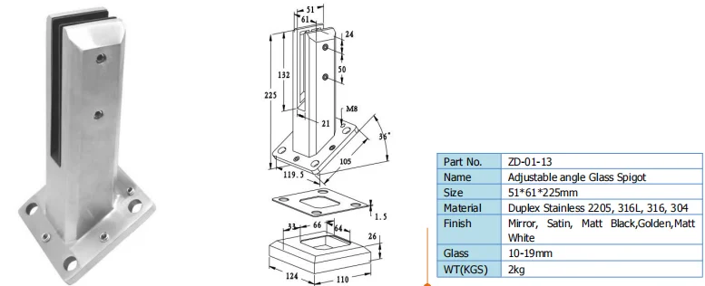 Zd Angle Tilt Adjustable Railing Square Base Mount Glass Spigot For ...