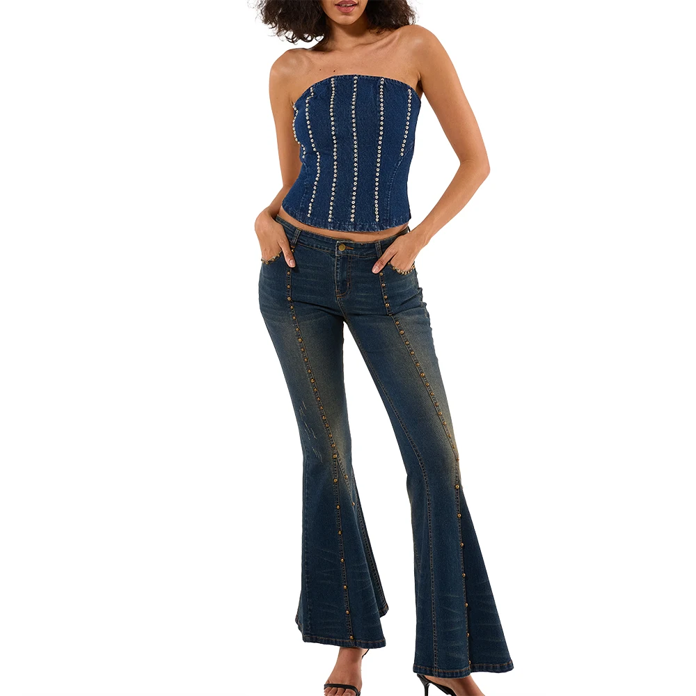 Manufacturer Custom Rivets Denim Flared Pants Women Trousers Ladies ...