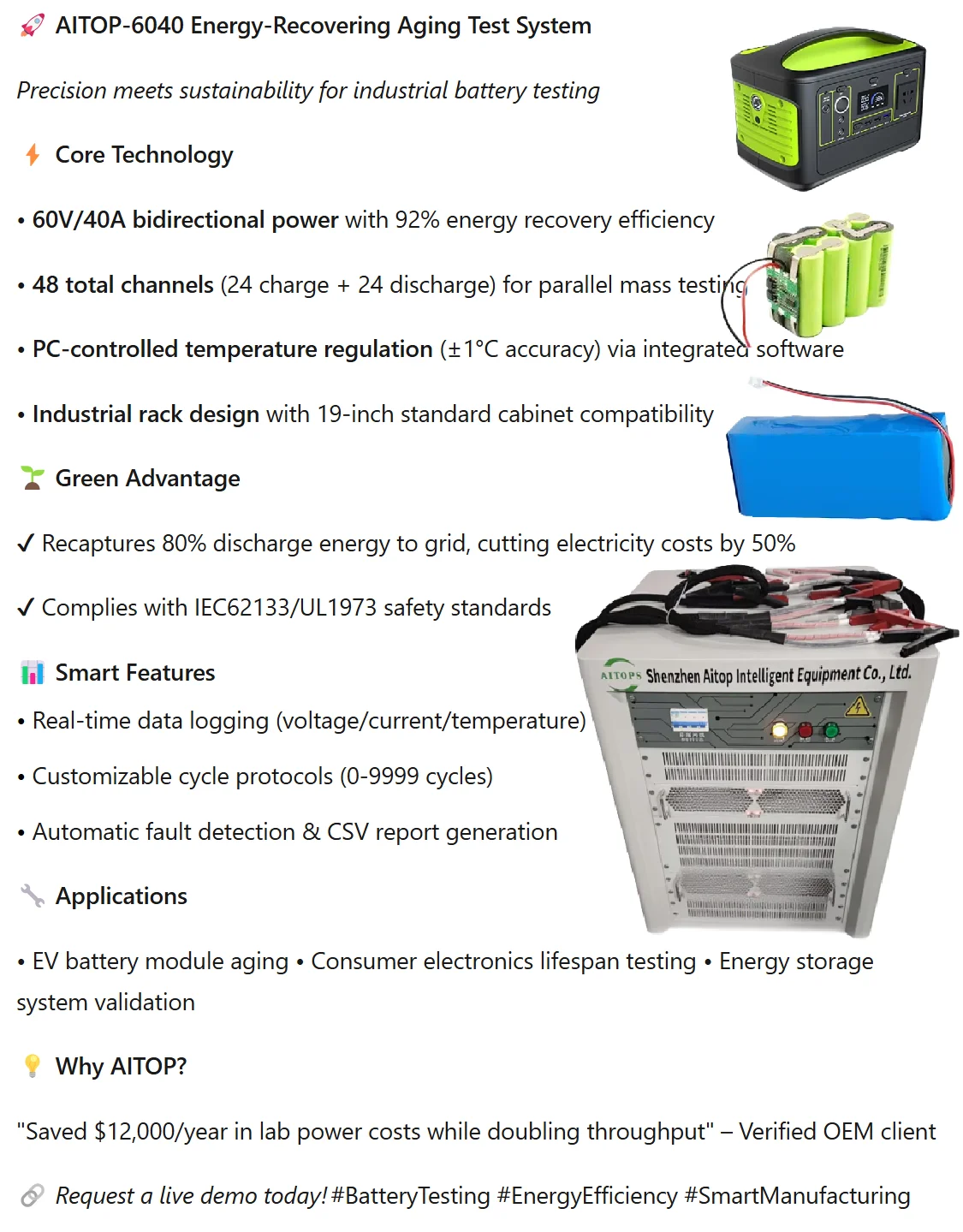 Energy-Saving 60V 40A 50A 100A Charger Discharging Aging Tester 12ch 24 ...
