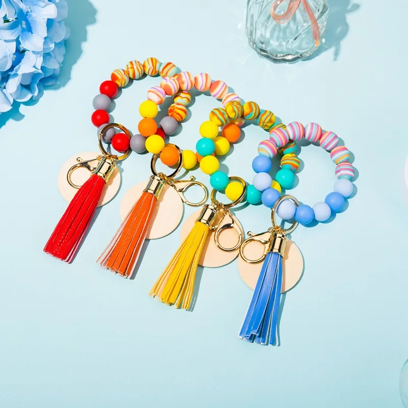 Wholesale Lady Silicone Bead Keychains Wristlet With Faux Leather ...