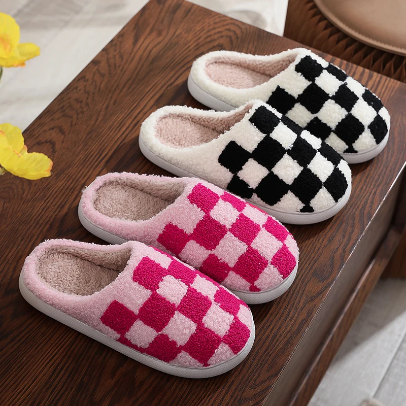 2023 Customized Checker Slides Lady Man Winter Checkerboard Flat Plush ...