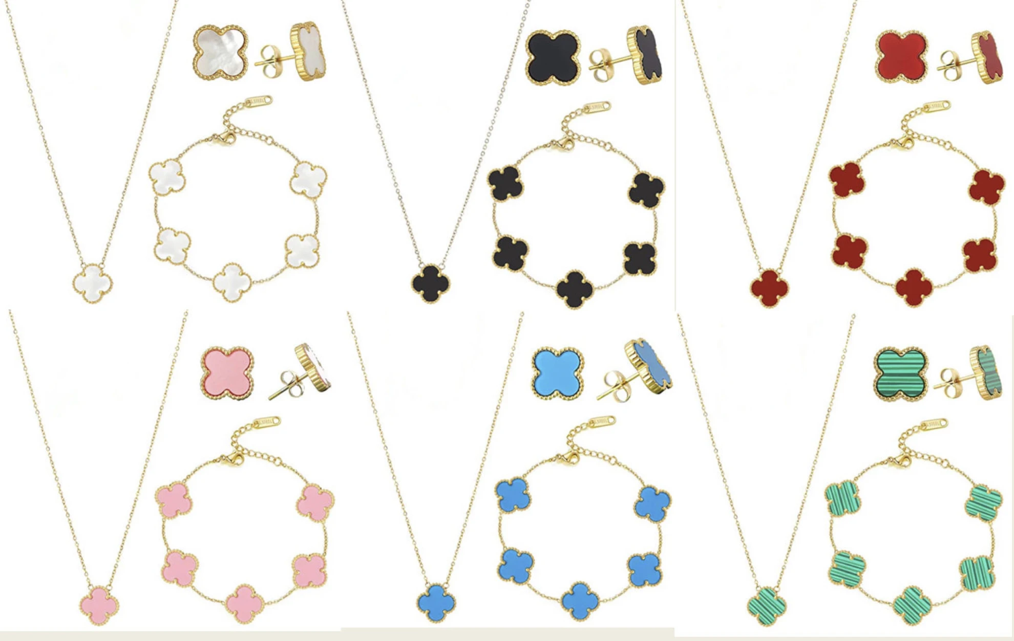 15mm Lucky Four Leaf Clover Jewelry Set 18k Gold Plated Stainless Steel ...