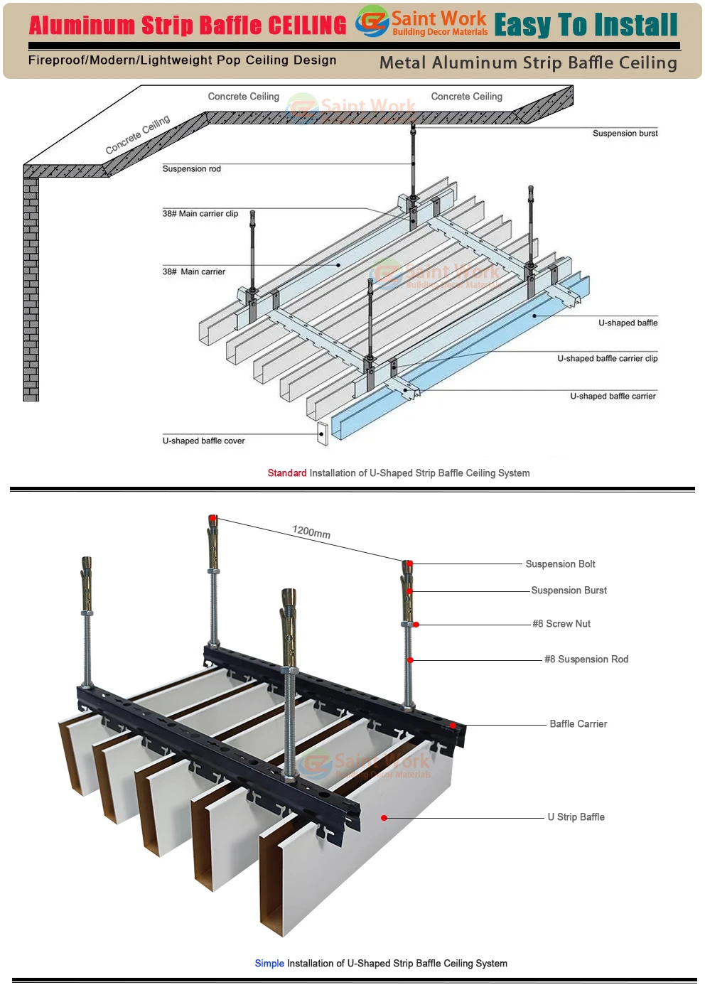 Aluminium U Shape Baffle Strip Ceiling Panel Modern Hall Corridor ...