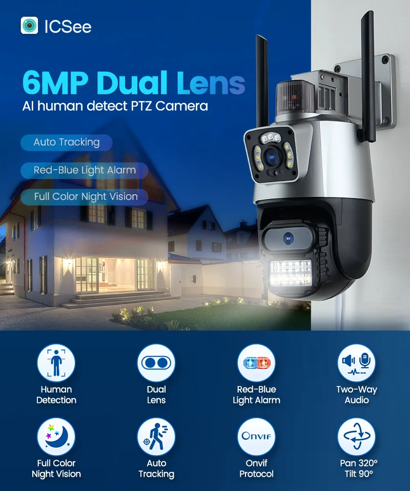 Outdoor Dual-lens Wireless Ip Security Cctv Ptz Dome Camera 6mp Ai ...