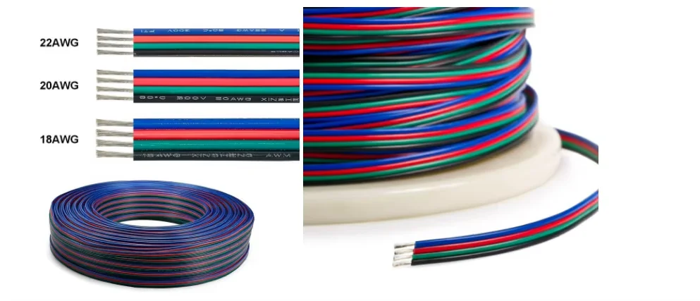 RGB Color Flat Cable Flat Ribbon Electric Wire 300V 18AWG 24AWG 2 3 4 5 ...