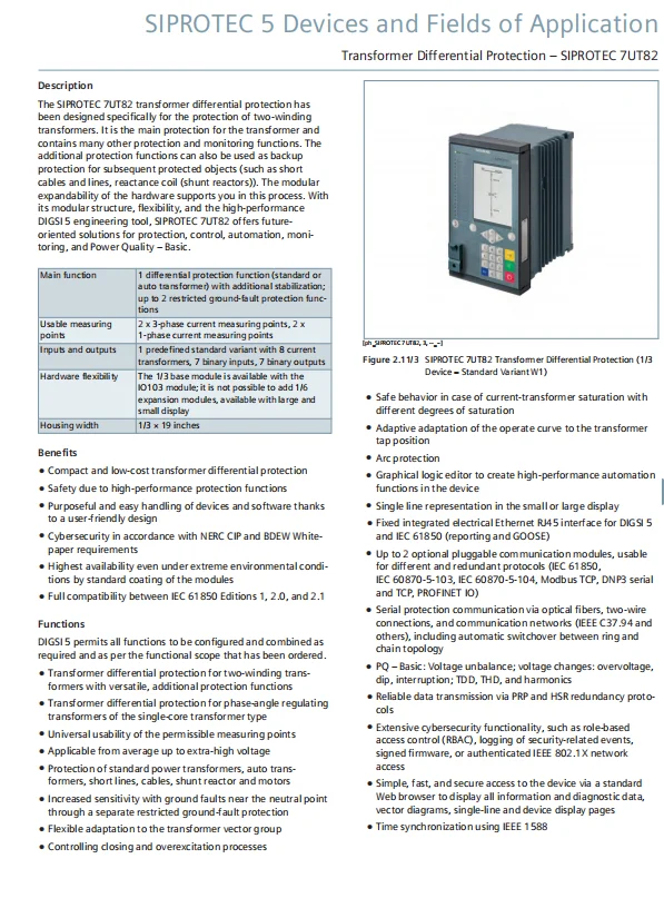 SIEMENS Transformer Differential Protection 7UT8 - Reliable and Efficient