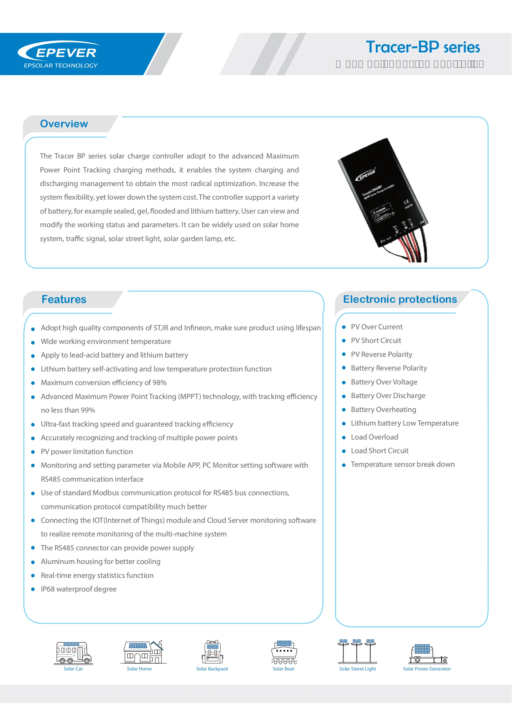 EPEVER Tracer7810BP 30A MPPT Solar Streetlight Controller IP68 for Solar Powered Led Street ...